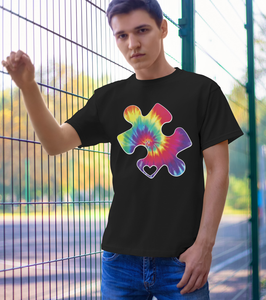 Tie-Dye Puzzle Piece Heart Cool Autism Awareness T-Shirt