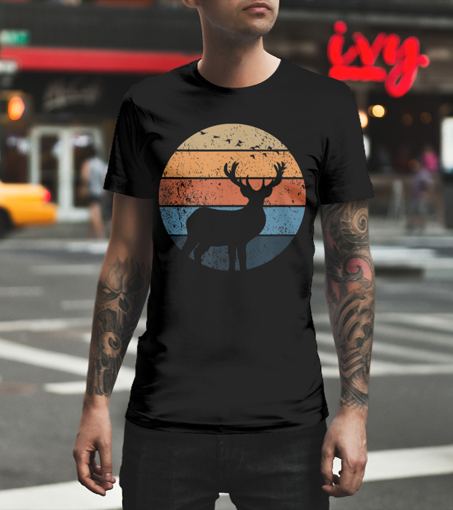 Deer Silhouette Retro Sunset With Flying Birds T-Shirt