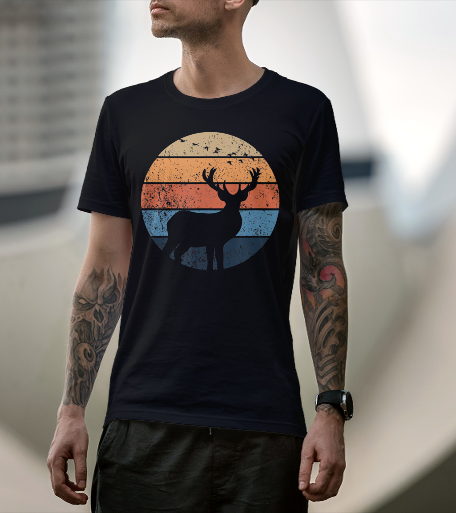 Deer Silhouette Retro Sunset With Flying Birds T-Shirt