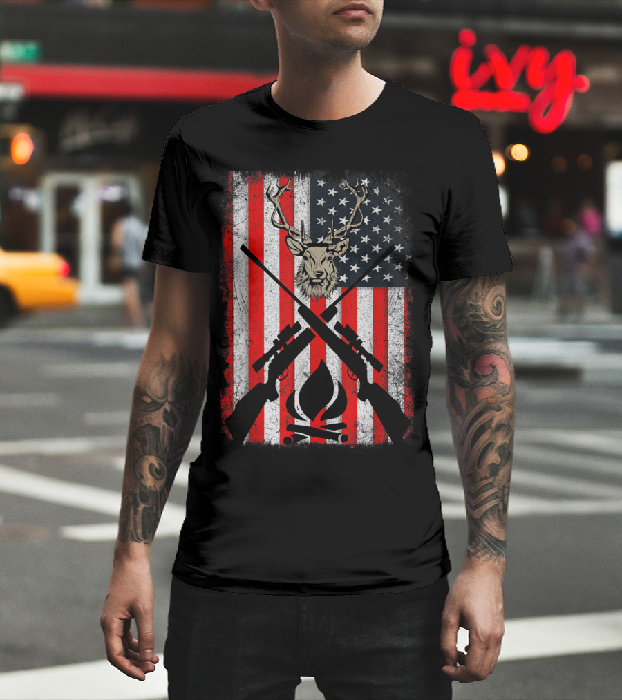 Patriotic Deer Hunting With American Flag And Rifles T-Shirt