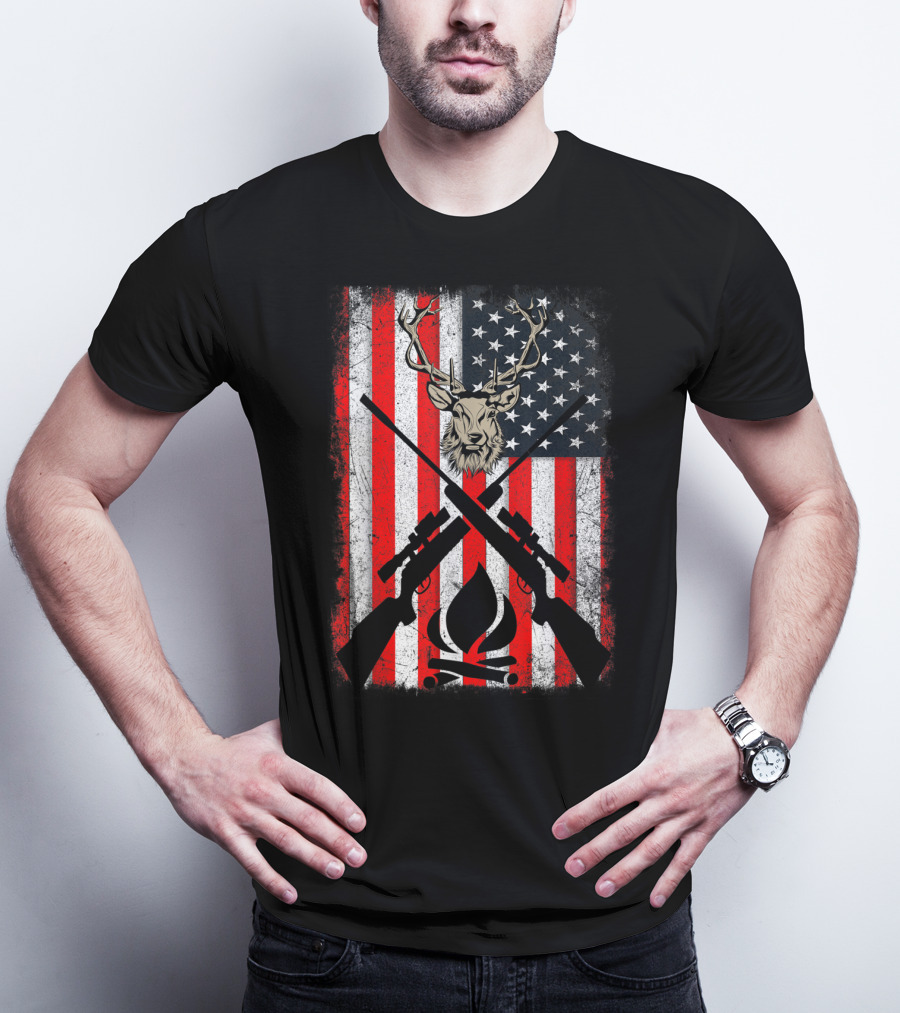 Patriotic Deer Hunting With American Flag And Rifles T-Shirt