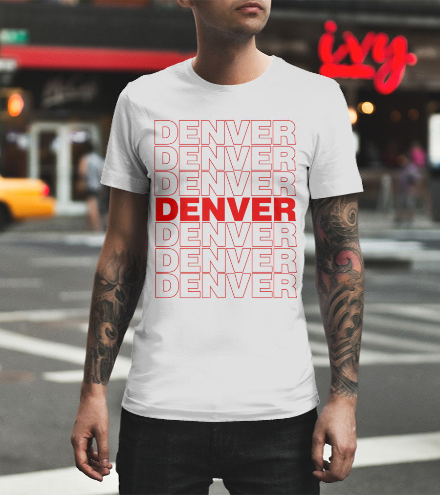Denver Colorado Thank You Bag Style Repeated Red Lettering T-Shirt
