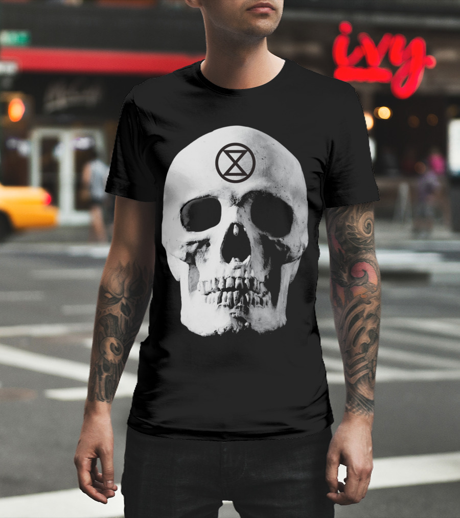 Extinction Rebellion Skull With Hourglass Symbol In Deadly Warning T-Shirt