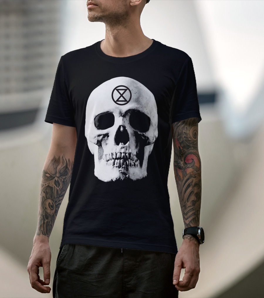 Extinction Rebellion Skull With Hourglass Symbol In Deadly Warning T-Shirt