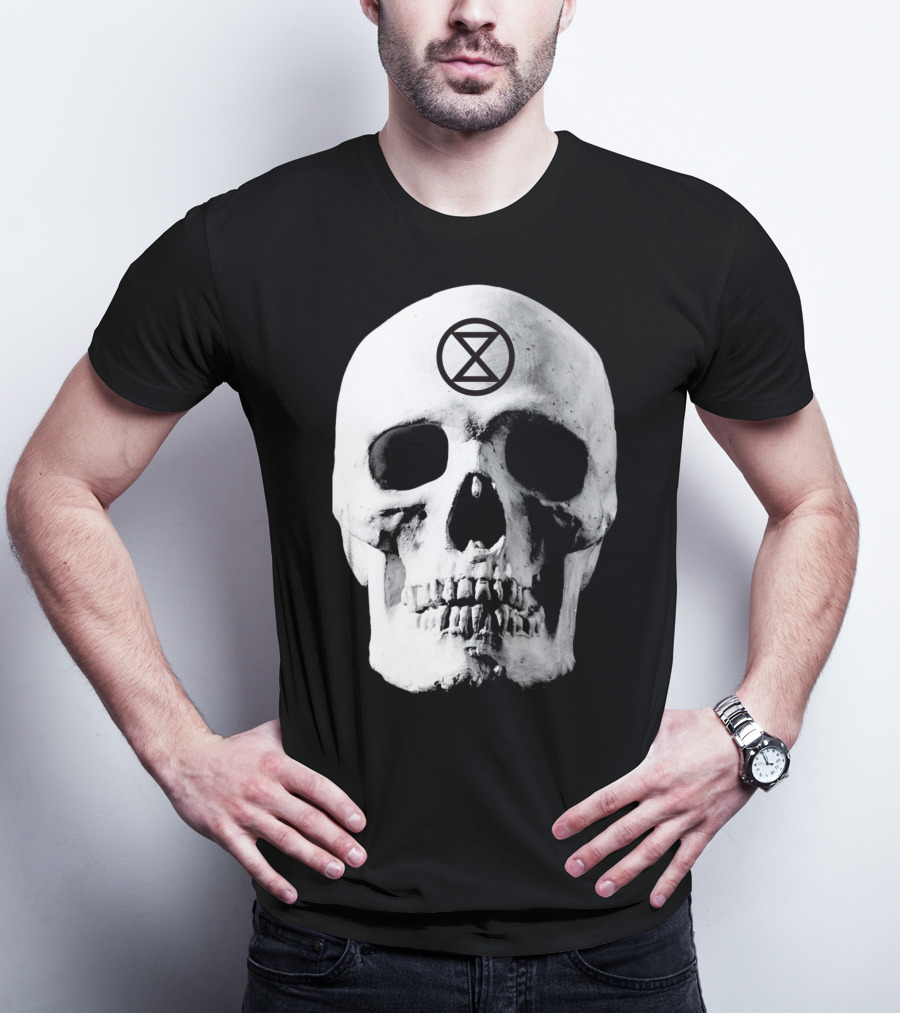 Extinction Rebellion Skull With Hourglass Symbol In Deadly Warning T-Shirt