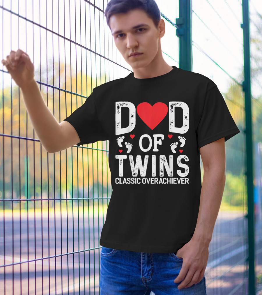 Dad Of Twins Heart Footprints Classic Overachiever T-Shirt