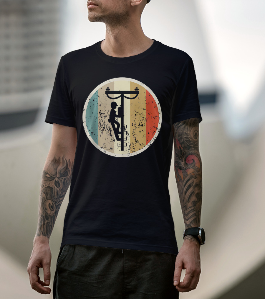 High Voltage Electrician Climbing Power Pole Retro Vintage Electrical T-Shirt