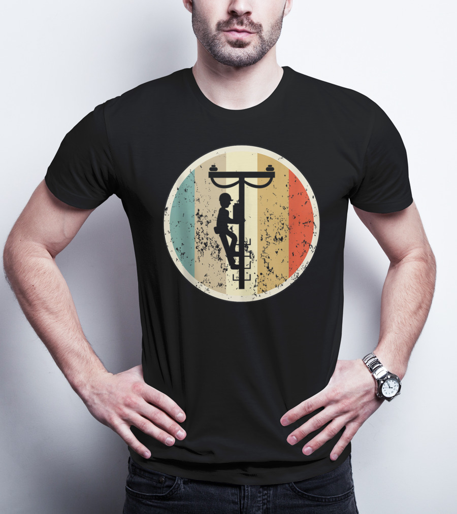 High Voltage Electrician Climbing Power Pole Retro Vintage Electrical T-Shirt