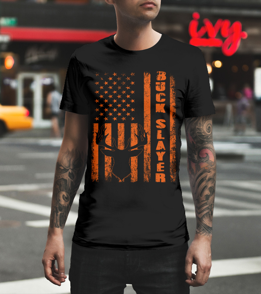 Hunting Blaze Orange Buck Slayer Patriotic Flag Deer T-Shirt