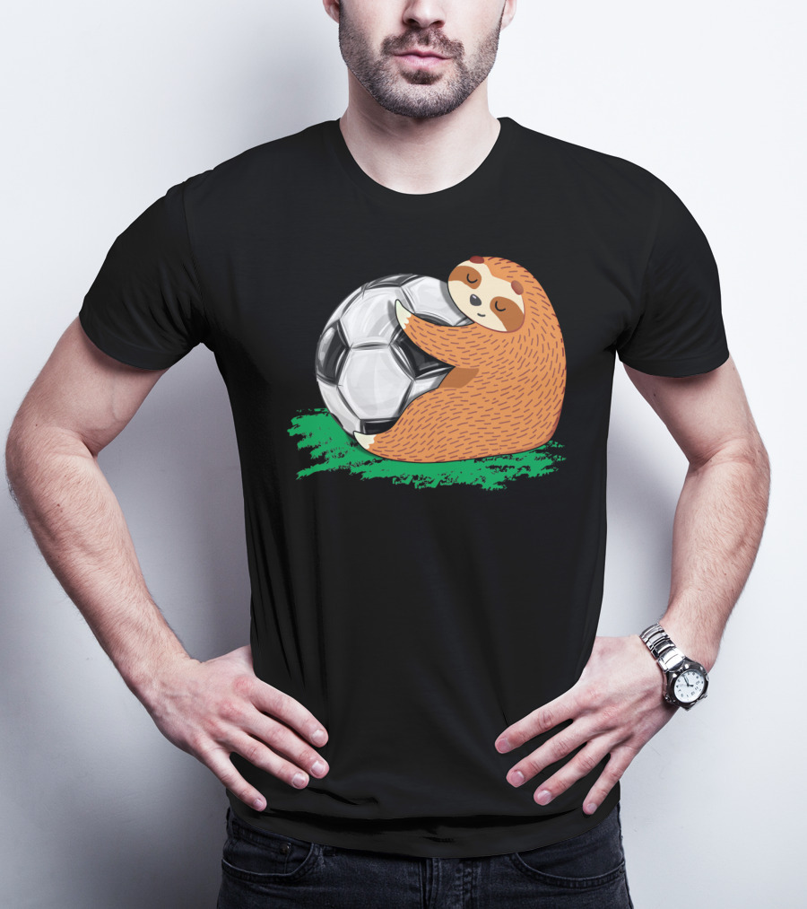 Lazy Sloth Soccer Lover Team Ball Sport Hugging Giant Soccer Ball T-Shirt