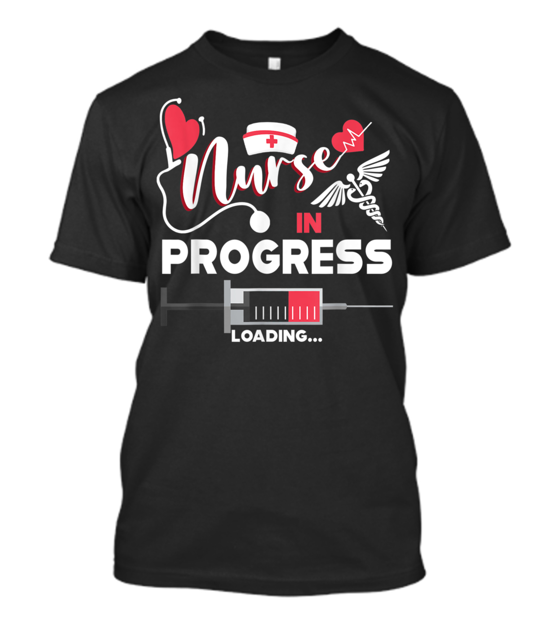 Nurse In Progress Loading Please Wait With Medical Symbols And Heart Motif T-Shirt