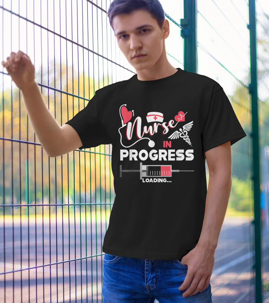 Nurse In Progress Loading Please Wait With Medical Symbols And Heart Motif T-Shirt