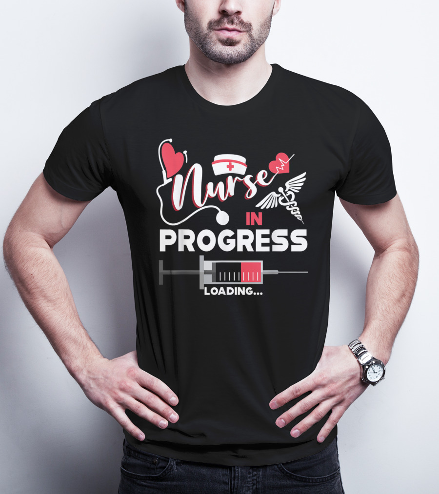 Nurse In Progress Loading Please Wait With Medical Symbols And Heart Motif T-Shirt