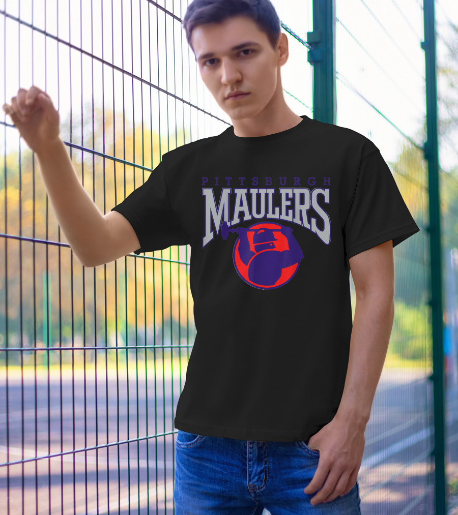 Pittsburgh Maulers Football Team Logo With Hammer Icon In Blue And Red T-Shirt