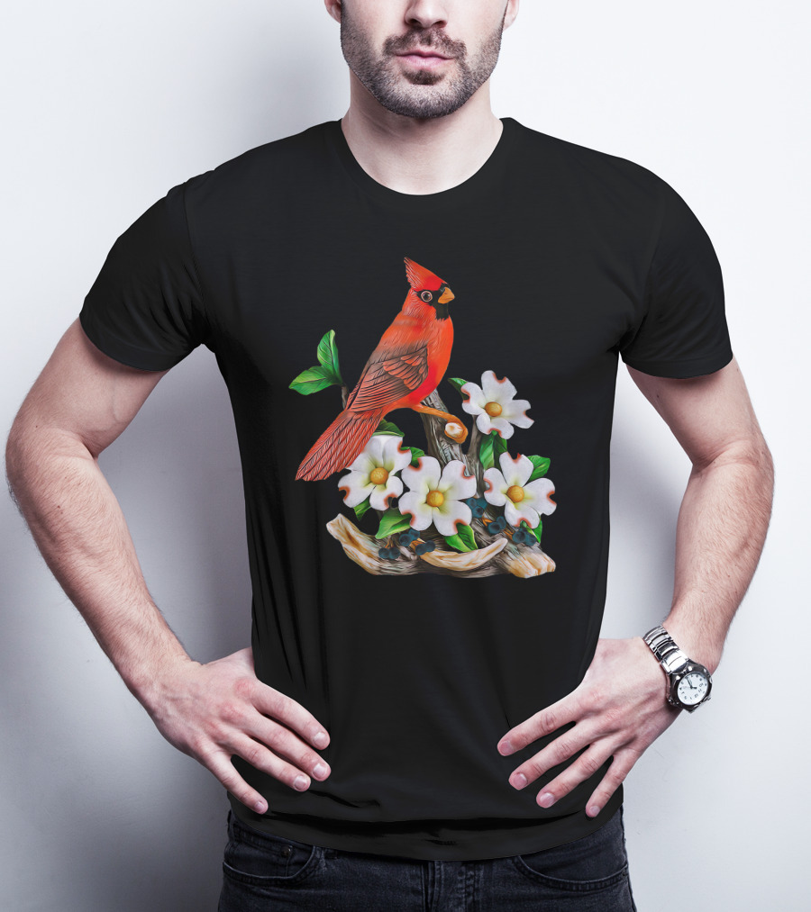 Red Cardinal Birds With White Flowering Blossoms T-Shirt