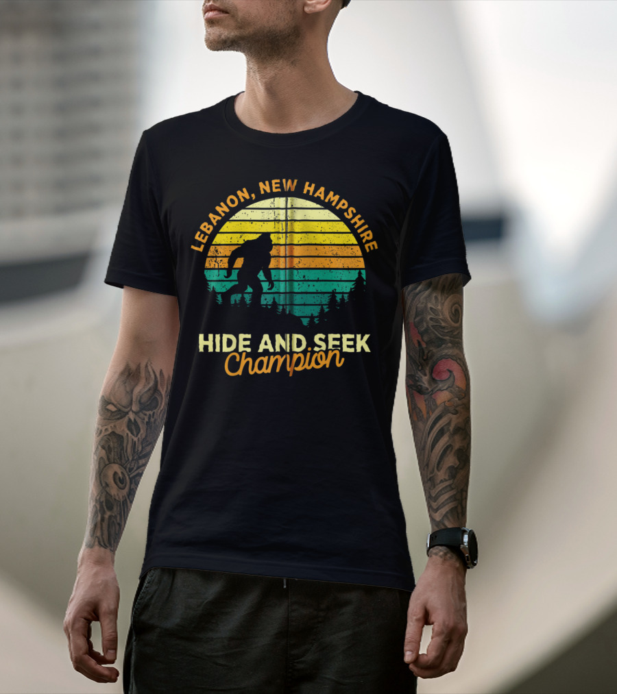 Lebanon New Hampshire Bigfoot Hide And Seek Champion Retro Sunset T-Shirt
