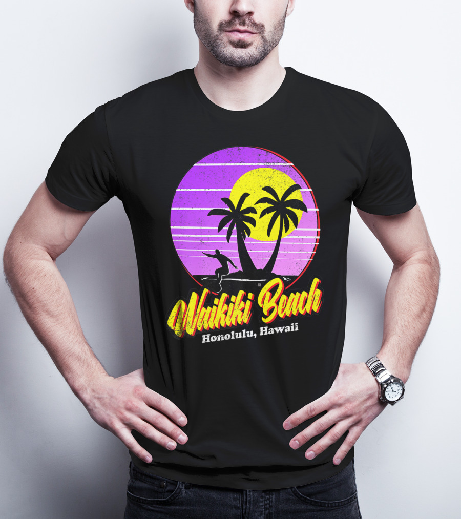 Waikiki Beach Honolulu Hawaii Retro Surfer 80s Vintage Palm Sunset T-Shirt