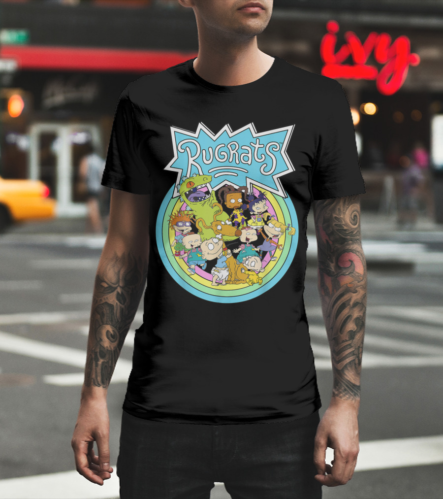 Rugrats Group Characters With Rainbow Circles Classic Title T-Shirt