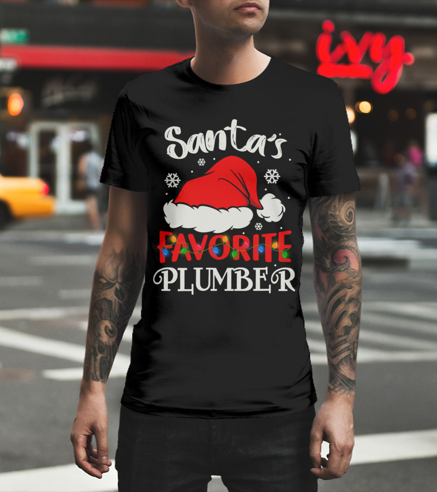Santa's Favorite Plumber Christmas Hat Snowflakes Lights T-Shirt