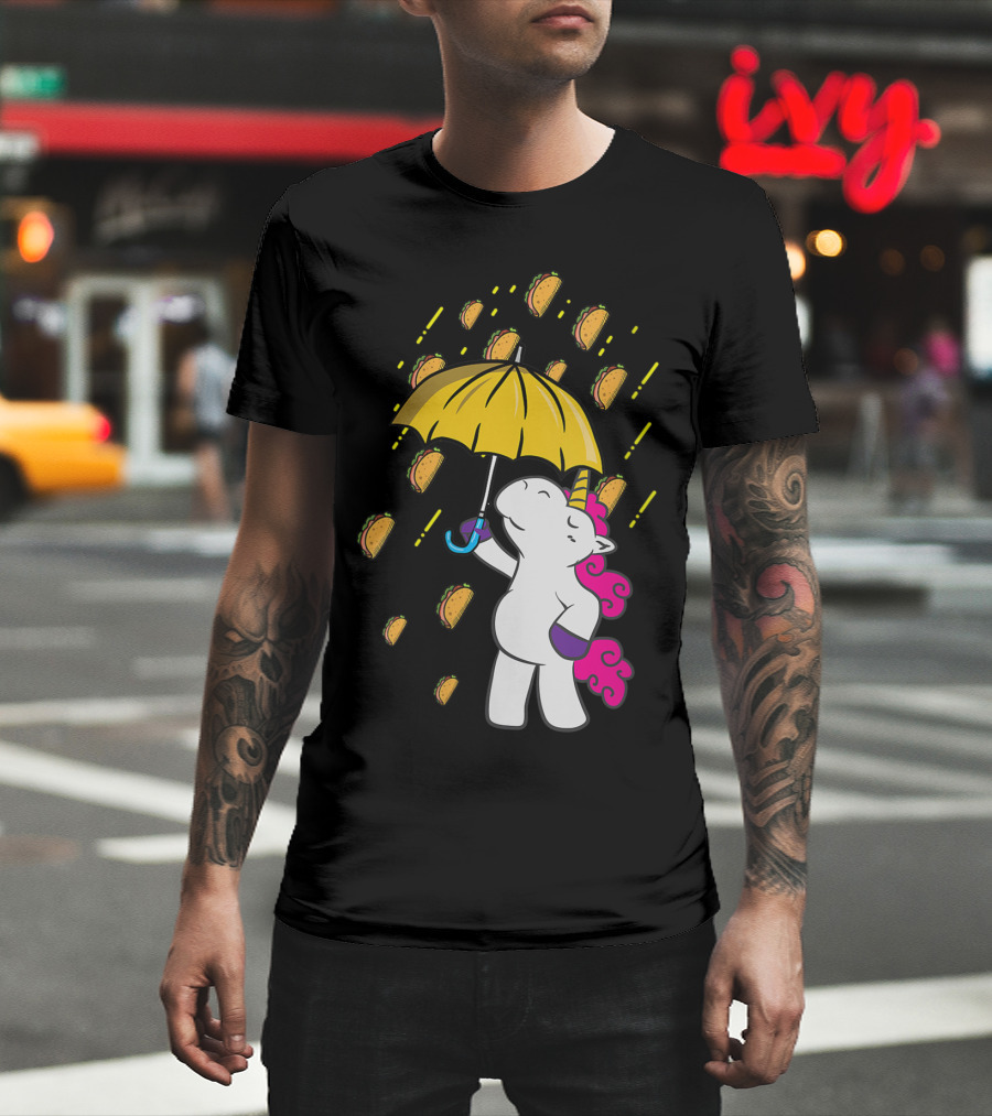 Its Raining Tacos Funny Unicorn Holding Yellow Umbrella T-Shirt