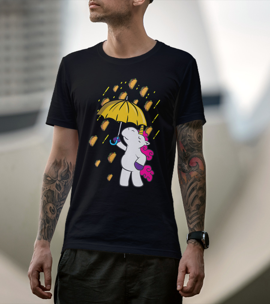 Its Raining Tacos Funny Unicorn Holding Yellow Umbrella T-Shirt