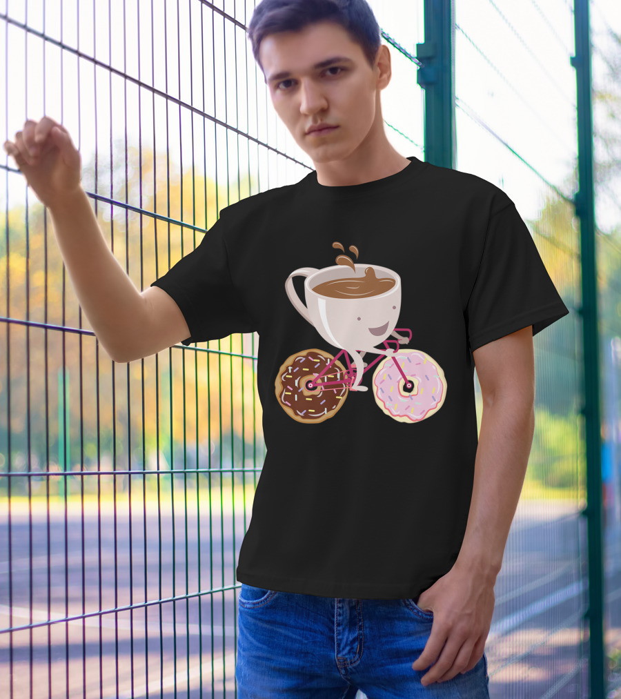 Coffee Cup Riding Bicycle With Donut Wheels Hand Drawn T-Shirt