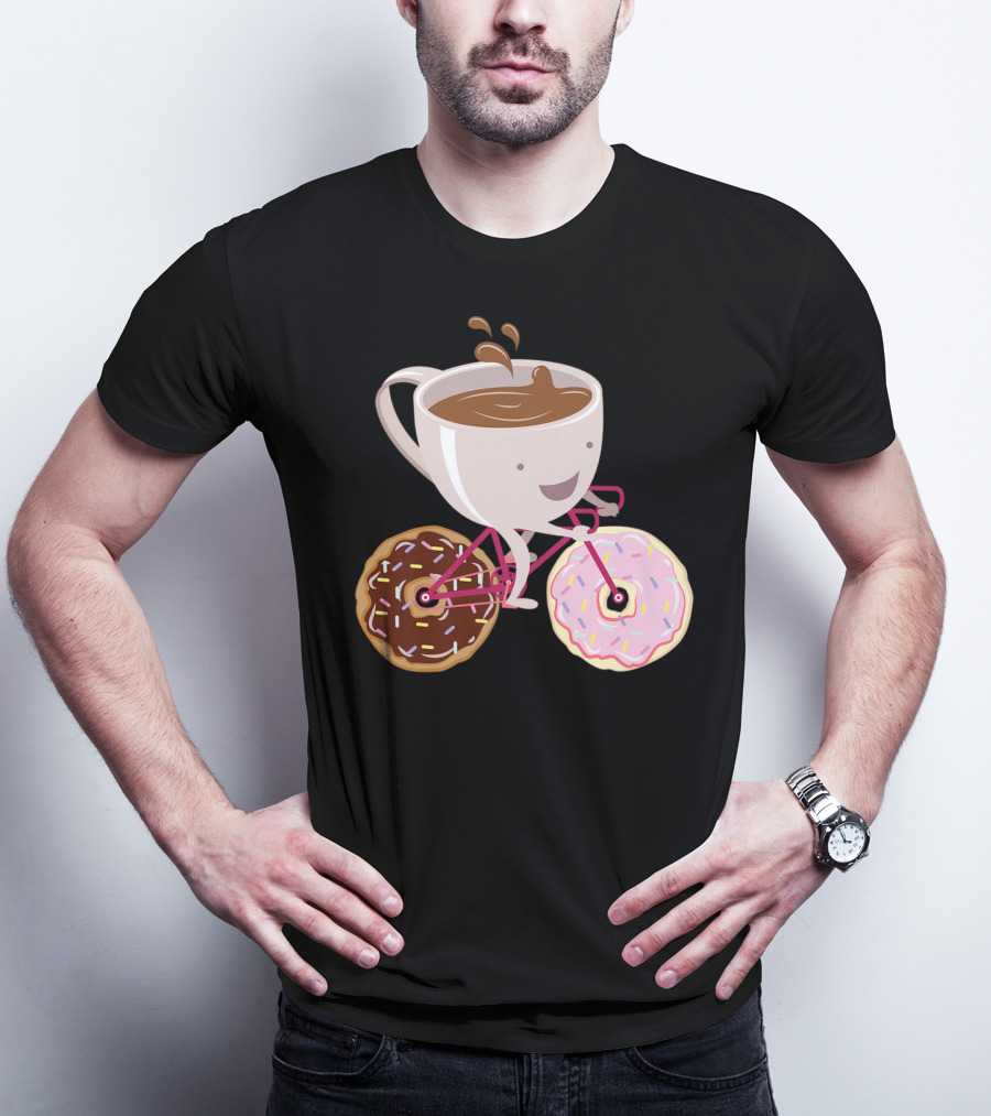 Coffee Cup Riding Bicycle With Donut Wheels Hand Drawn T-Shirt