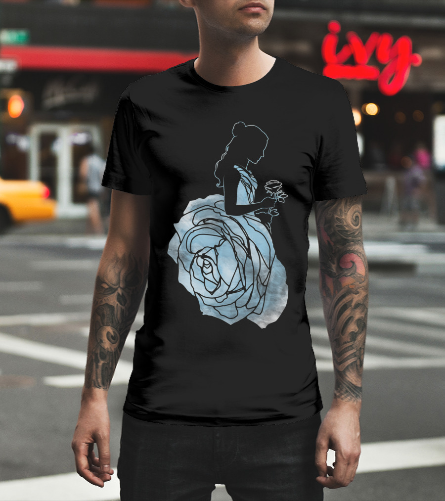Disney Beauty And The Beast Belle Silhouette Blue Rose Dress T-Shirt