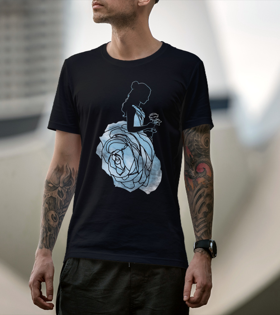 Disney Beauty And The Beast Belle Silhouette Blue Rose Dress T-Shirt