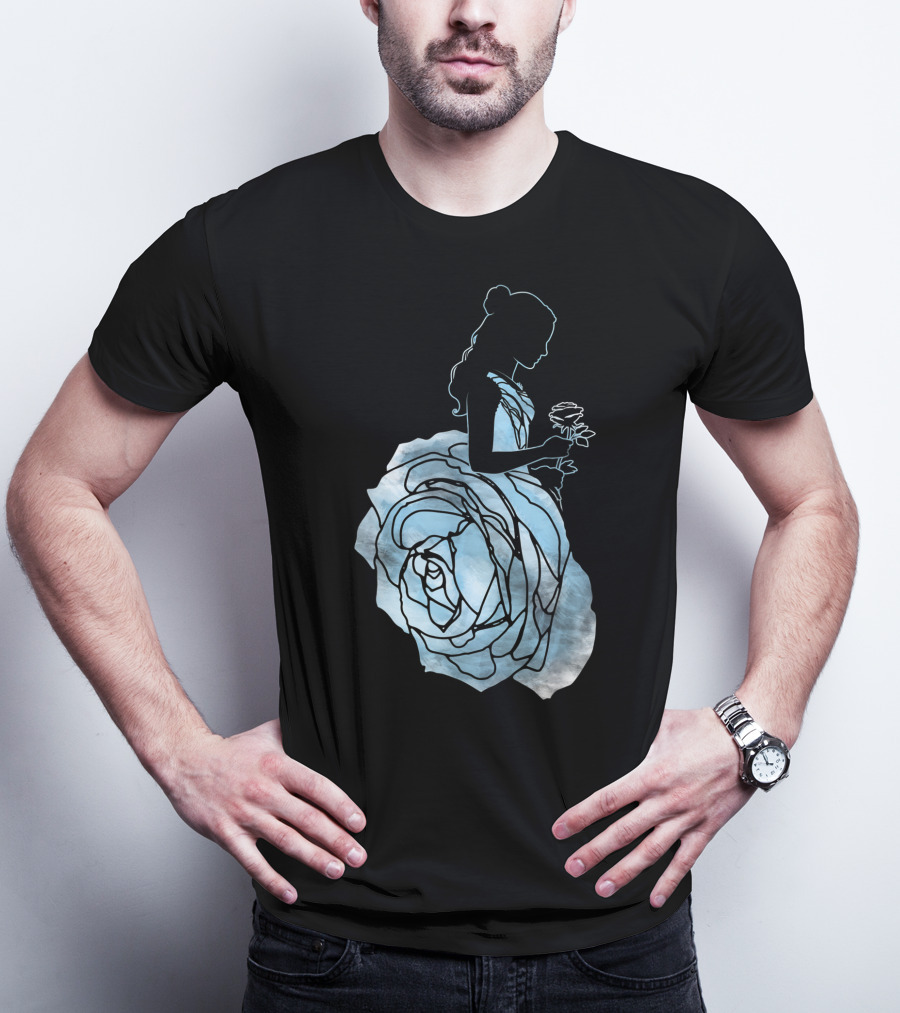 Disney Beauty And The Beast Belle Silhouette Blue Rose Dress T-Shirt