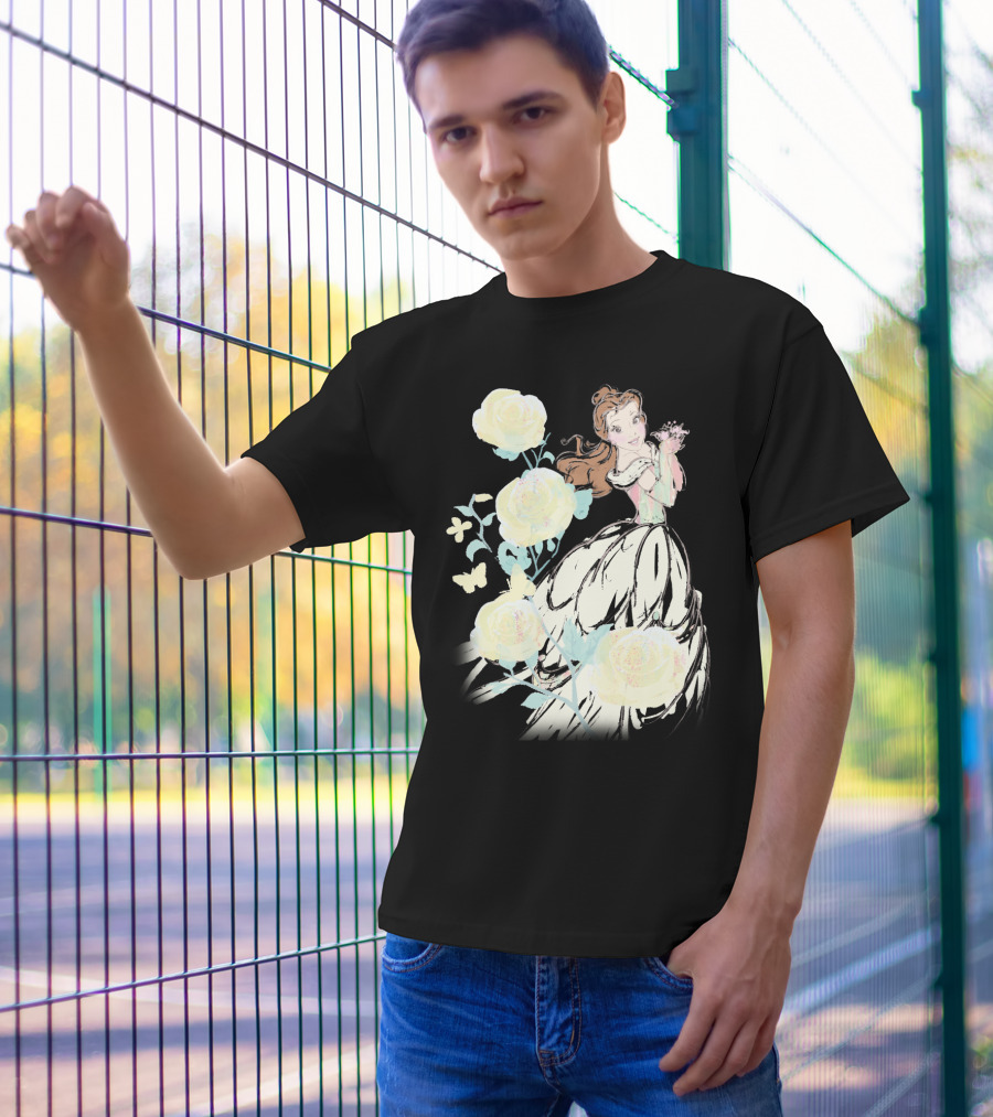 Disney Beauty The Beast Belle Yellow Watercolor Rose Butterfly T-Shirt
