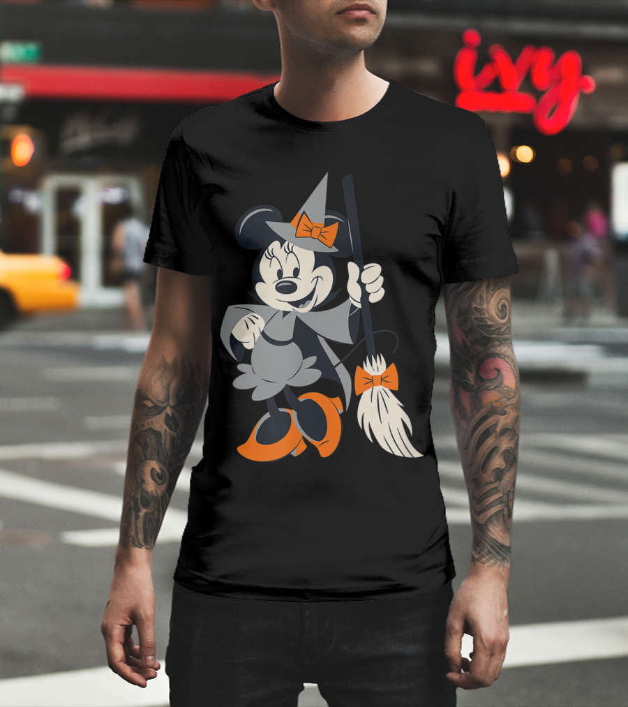 Disney Halloween Minnie Mouse Witch Costume Broomstick Orange Bows T-Shirt