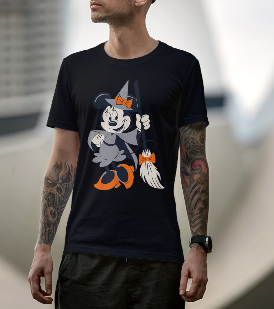 Disney Halloween Minnie Mouse Witch Costume Broomstick Orange Bows T-Shirt