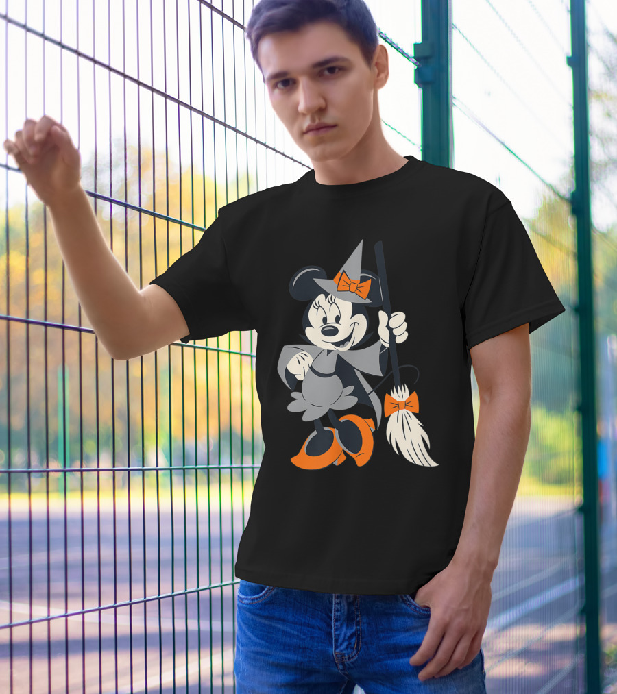 Disney Halloween Minnie Mouse Witch Costume Broomstick Orange Bows T-Shirt