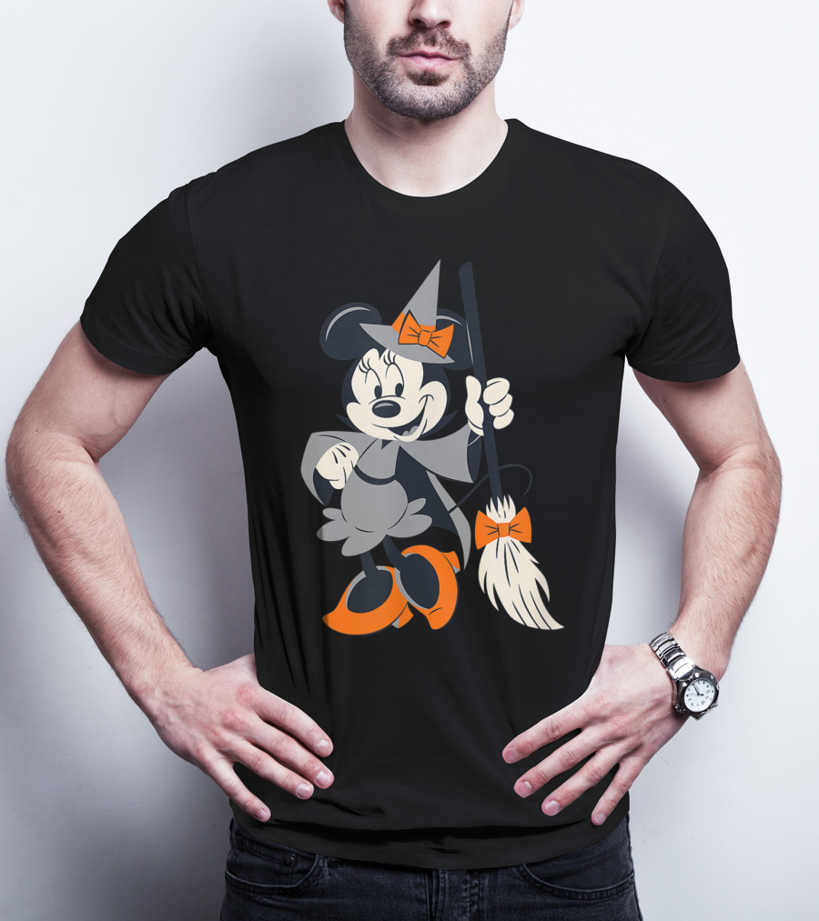 Disney Halloween Minnie Mouse Witch Costume Broomstick Orange Bows T-Shirt
