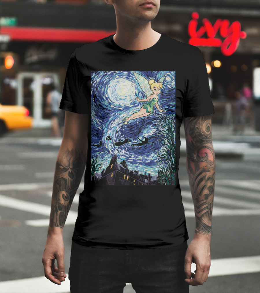 Disney Peter Pan Tinker Bell Starry Night Van Gogh Style Flight Scene T-Shirt