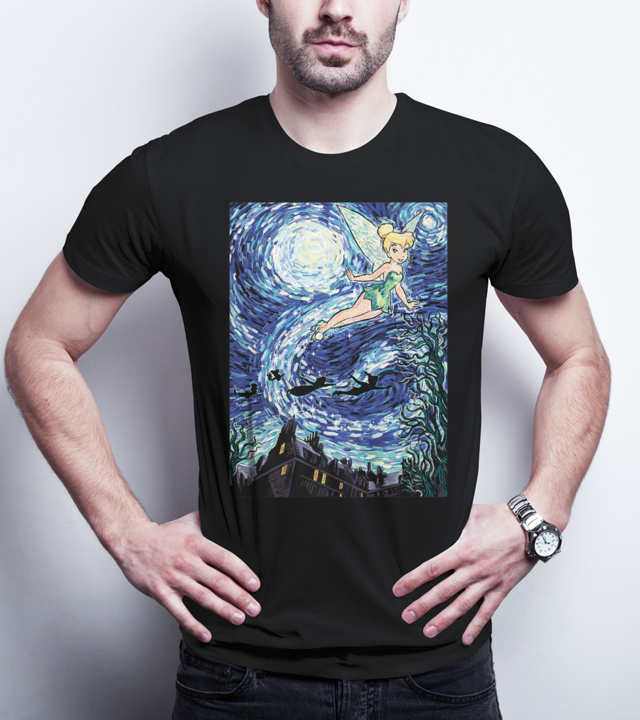 Disney Peter Pan Tinker Bell Starry Night Van Gogh Style Flight Scene T-Shirt
