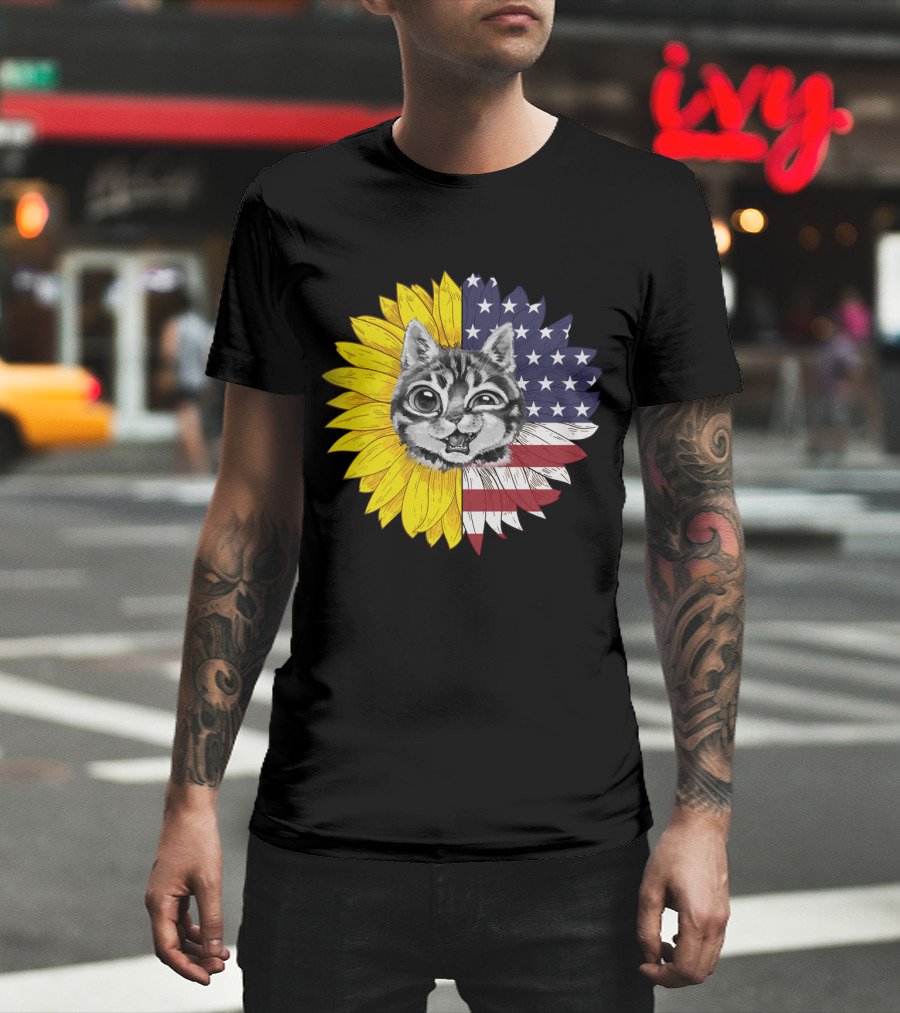 CAT LOVERS Sunflower American Flag Winking Cat T-Shirt