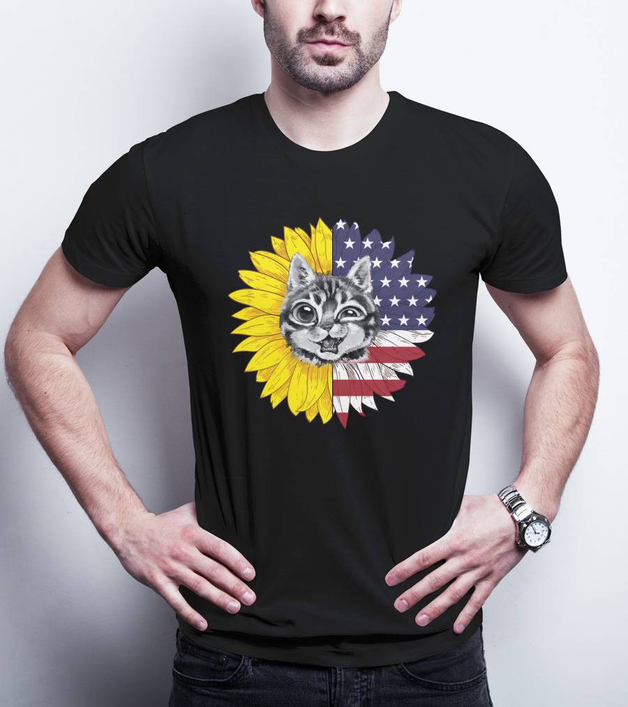 CAT LOVERS Sunflower American Flag Winking Cat T-Shirt