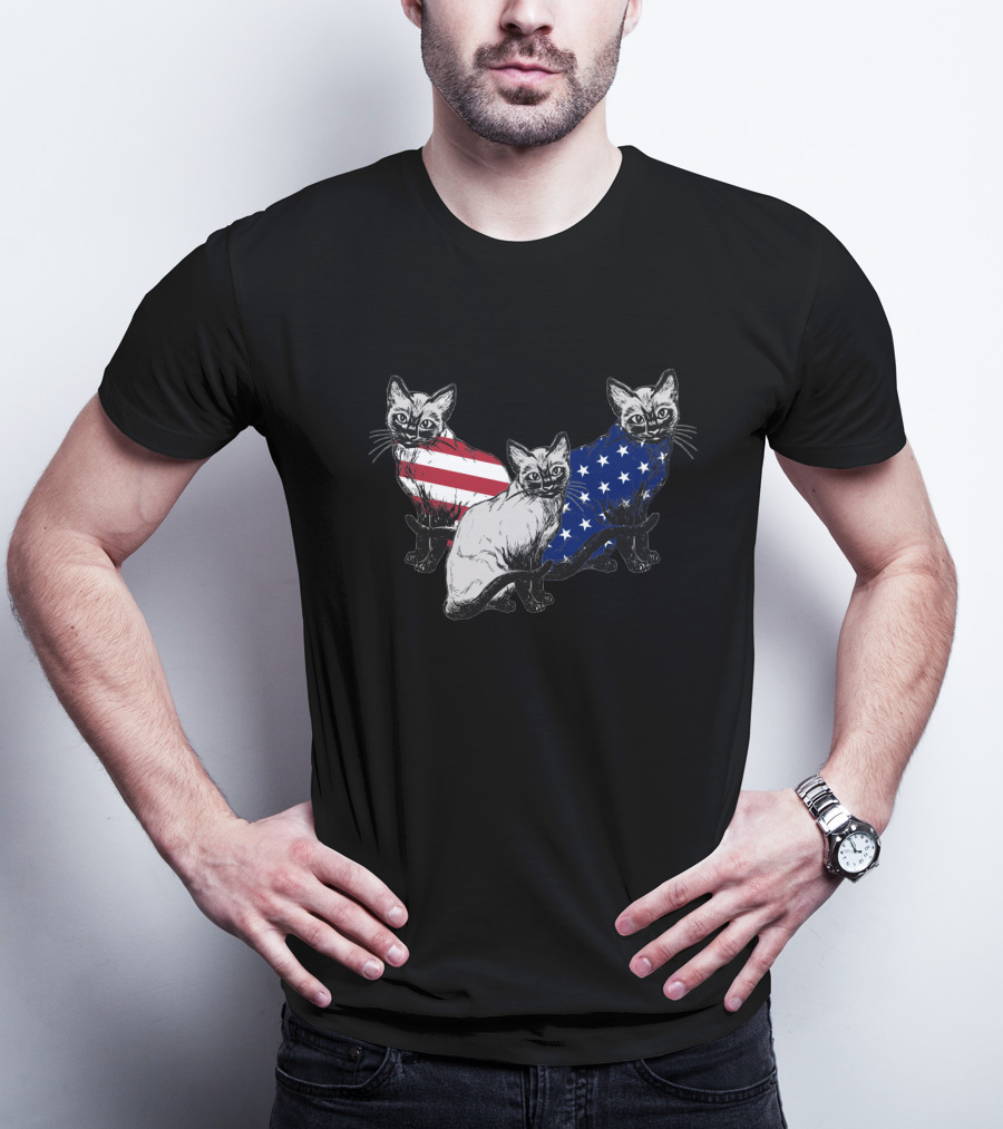 Siamese Cats American Flag July Independence Day T-Shirt