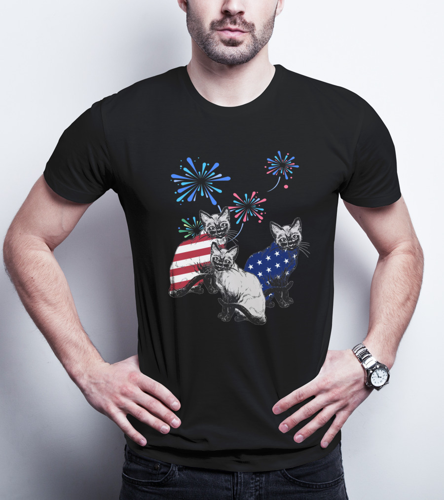 SiameseJuly Cats With Fireworks And American Flag T-Shirt