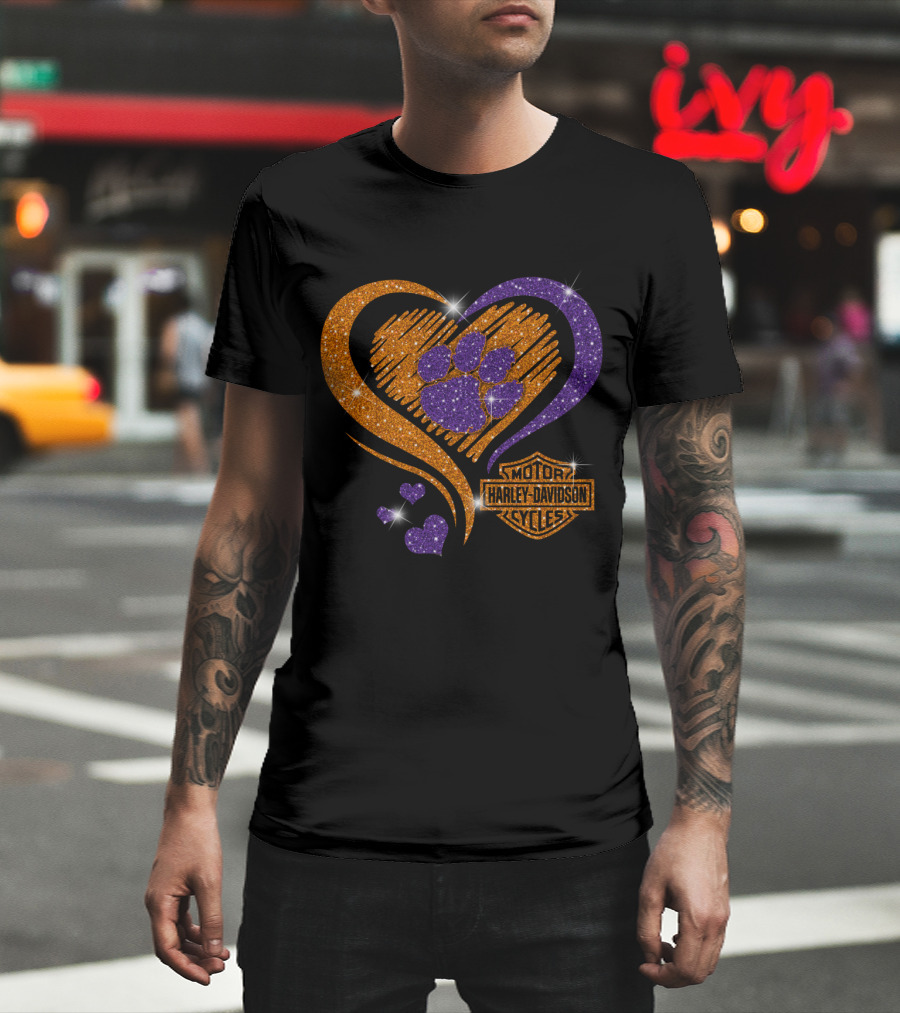Clemson Tigers Purple Paw Heart Harley Davidson T-Shirt
