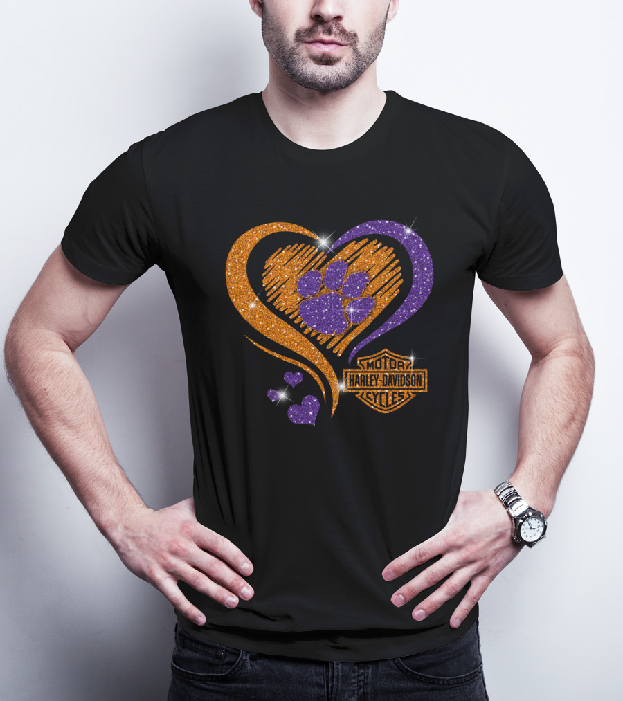 Clemson Tigers Purple Paw Heart Harley Davidson T-Shirt