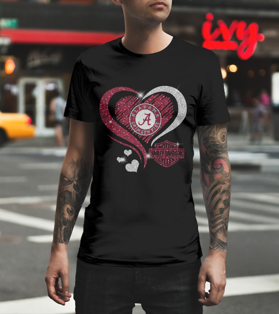 Alabama Crimson Tide Harley Davidson Heart Glitter T-Shirt