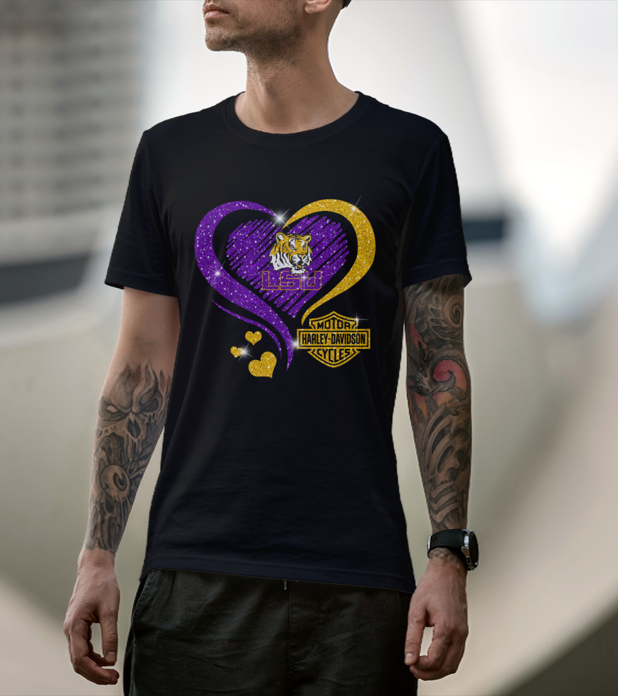 Hd Ncaa Lsu Tigers Heart Harley Davidson Motorcycle Cycles T-Shirt
