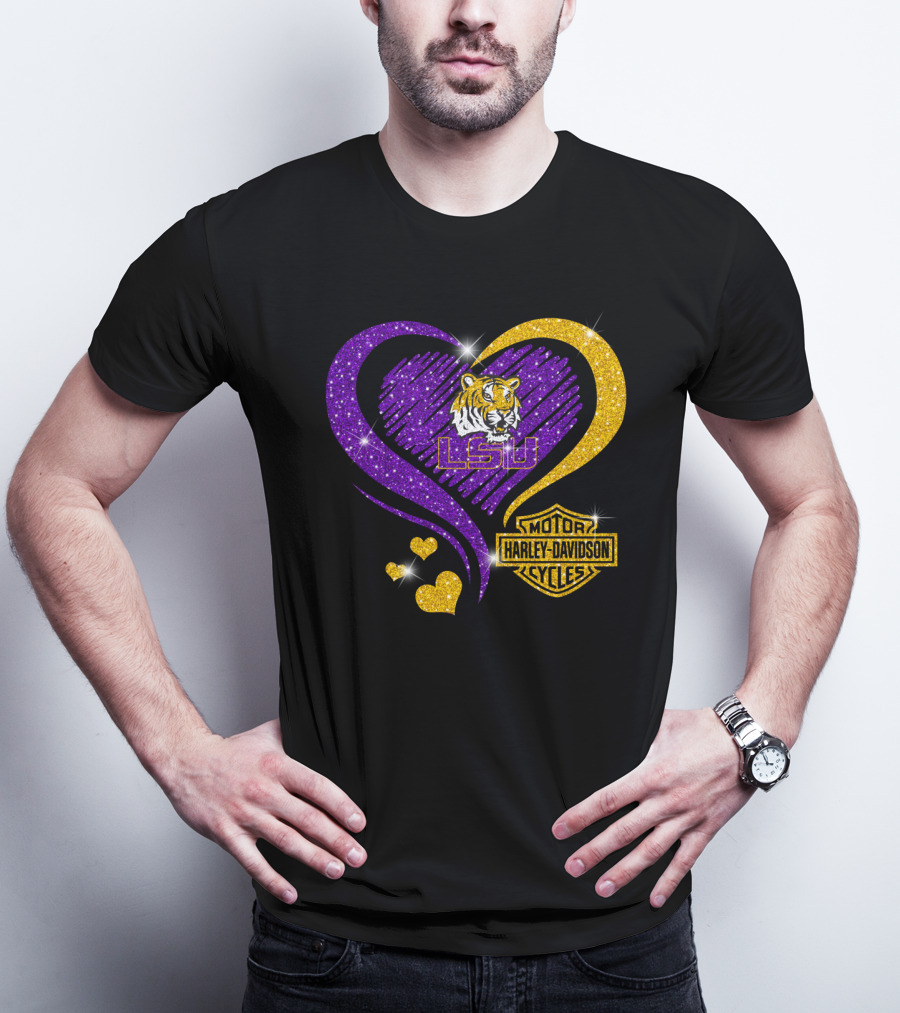 Hd Ncaa Lsu Tigers Heart Harley Davidson Motorcycle Cycles T-Shirt