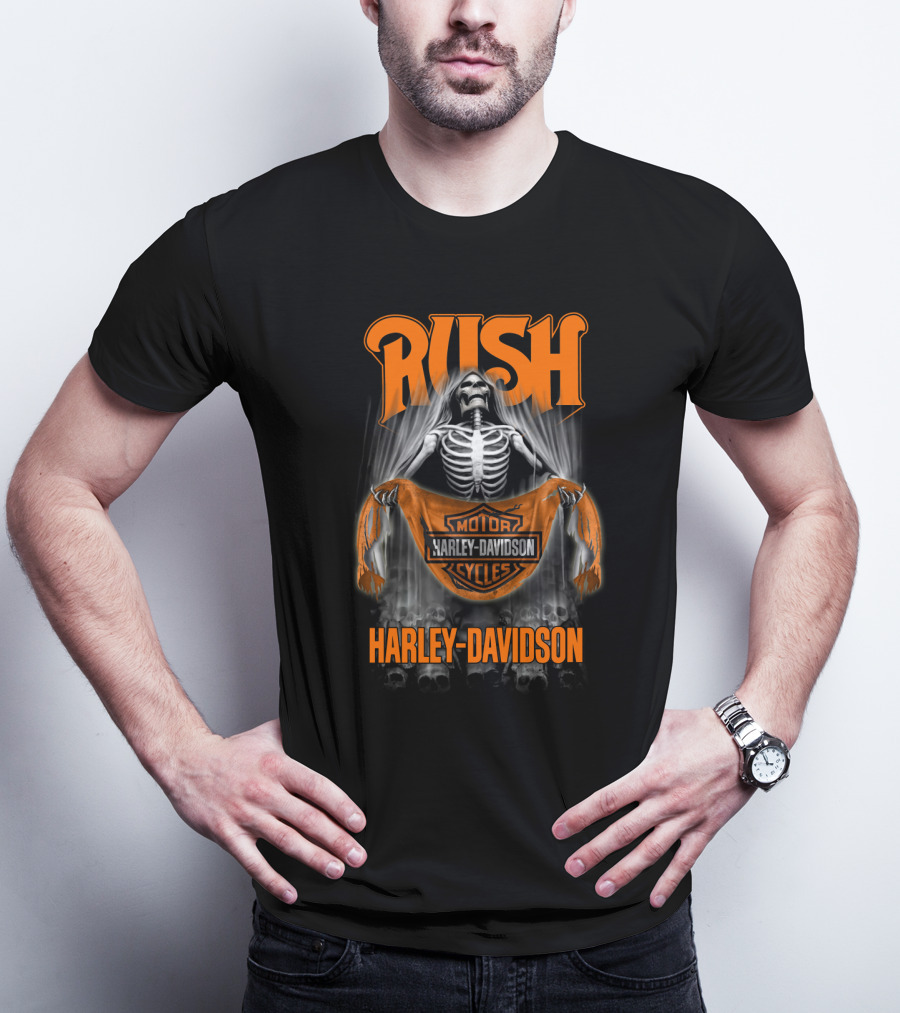 Rush Harley Davidson Motor Cycles Skeleton Orange T-Shirt