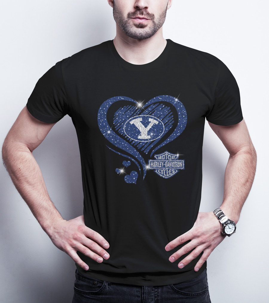 Byu Cougars Y Logo And Harley Davidson Motorcycles Blue Heart T-Shirt