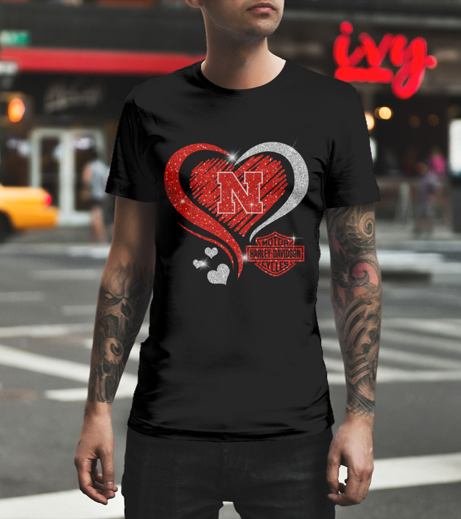 Nebraska Cornhuskers N Heart Harley Davidson Motor Cycles T-Shirt