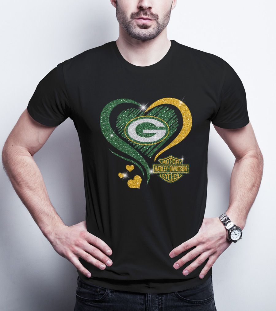 Green Bay Packers Harley Davidson Sparkling Heart T-Shirt